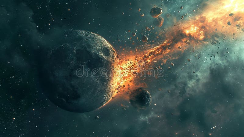 A Dramatic Collision of Celestial Bodies in a Vibrant Cosmic Scene ...