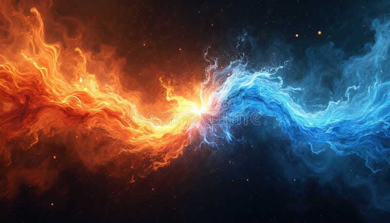 Dramatic Collision of Fire, Ice, Swirling Energy Tendrils. Red, Blue ...