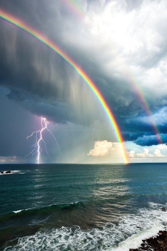 Colorful Rainbow Over Ocean, Thunderstorm with Rain and Lightning Stock Illustration ...