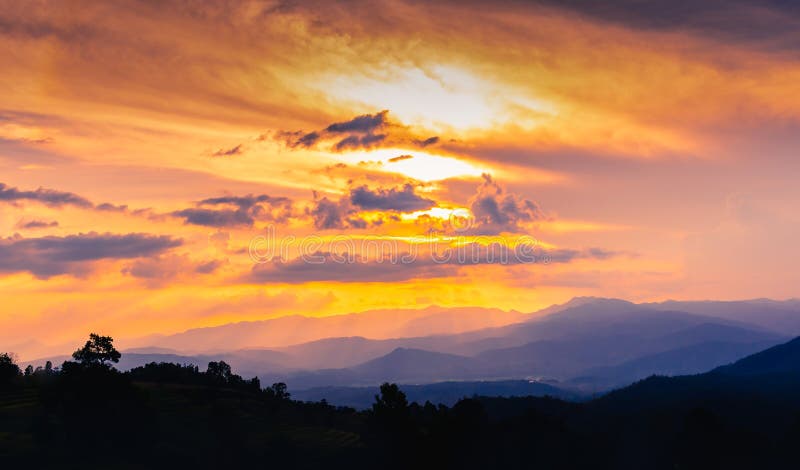 Dramatic and Colourfull Sunset with Mountains and Forest. Stock Photo ...