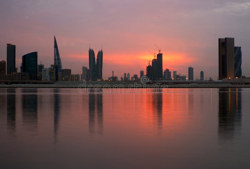 Dramatic Colours of Bahrain Skyline at Sunset Stock Photo - Image of ...