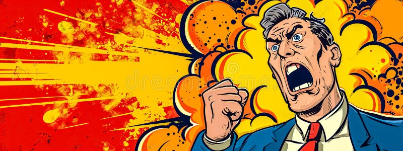 Comic Book Style Illustration of a Man Shouting, Set Against a Backdrop ...