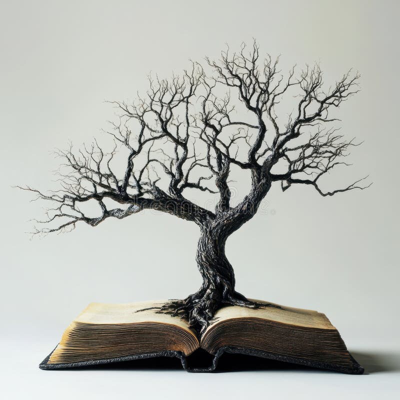 Dark Twisted Tree Emerging from a Vintage Book Stock Photo - Image of ...