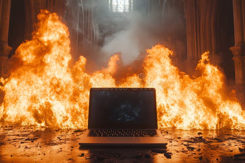 Dramatic Concept of Digital Threats: Laptop in Flames for Cybersecurity ...