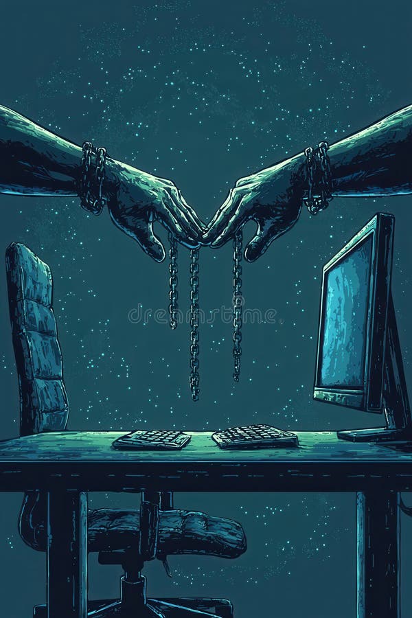 Illustration of Chained Hands Reaching Above a Desk with Computer ...