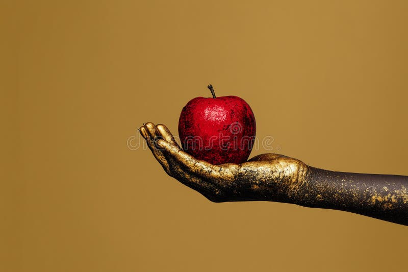 Gold-painted Hand Offering a Red Apple on a Mustard Background ...