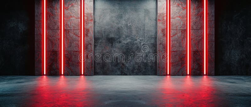 Dramatic Concrete Room with Glowing Red Neon Lights Stock Illustration ...