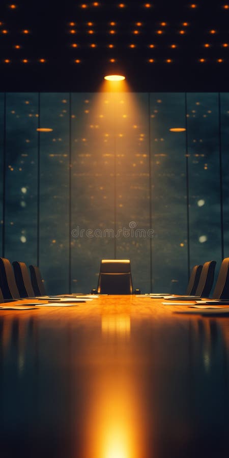 Dramatic Conference Room with Spotlight and Glass Wall Reflections ...