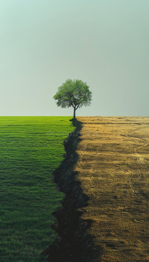 A Dramatic Contrast between Lush Green Fields and Barren Land ...