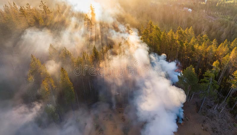 Dramatic Contrast of Sunlight Piercing Smoke-filled Forest during a ...