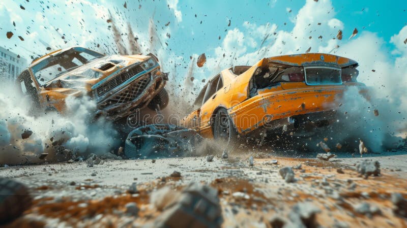 Dramatic Controlled Crash Test of Two Cars, Metal Crumpling on Impact ...