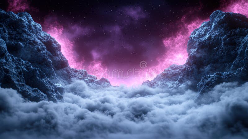 Dramatic Cosmic Landscape with Glowing Clouds and Stars Stock ...