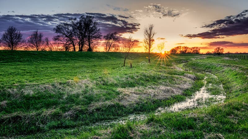 Dramatic Countryside Sunrise Sunset Stock Photo - Image of green ...