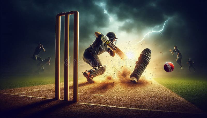 Dramatic Cricket Scene with Lightning and Action Stock Illustration ...