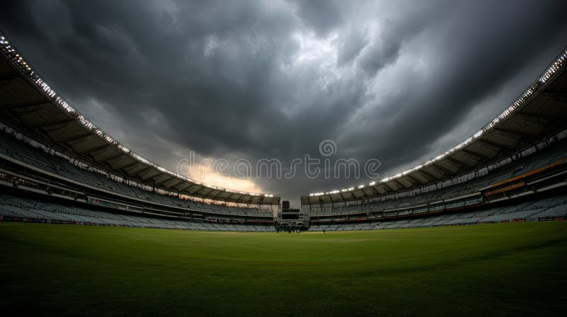 Dramatic Cricket Stadium Under Dark Clouds with Scoreboard in Sharp ...