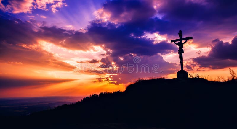 Dramatic Cross Silhouette Against Vibrant Sunset Sky with Radiant ...