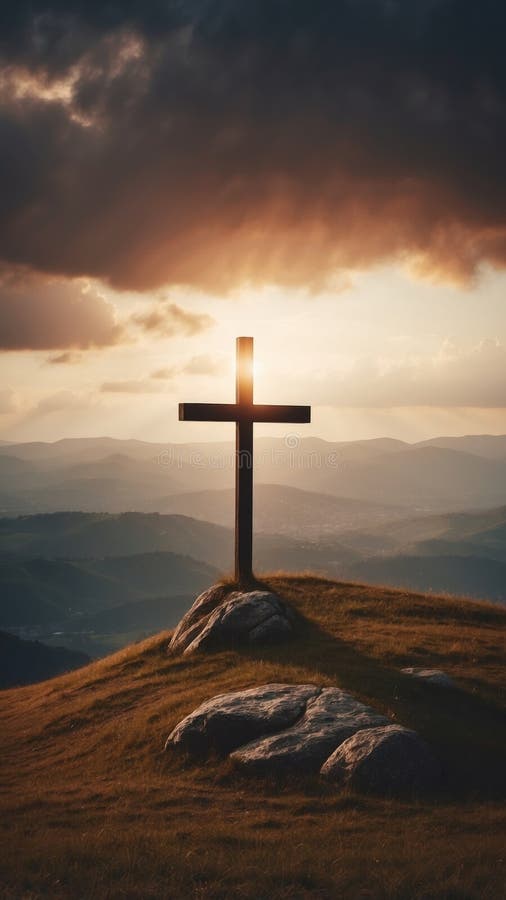 Dramatic Cross Silhouette on Hilltop with Powerful Cloudy Sky Landscape ...