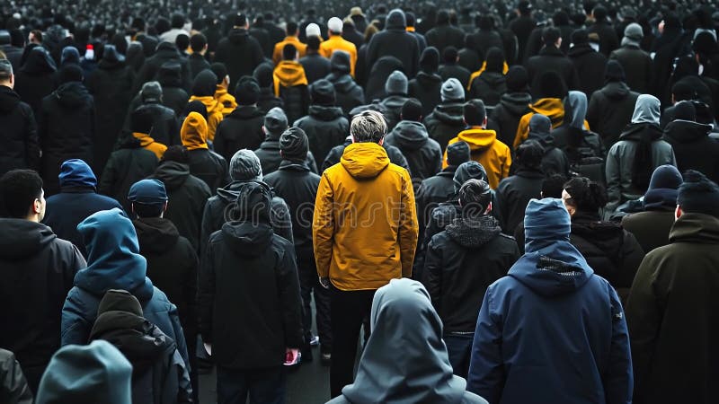 Dramatic Crowd Scene with Focus on Lone Figure in Yellow Jacket Stock ...
