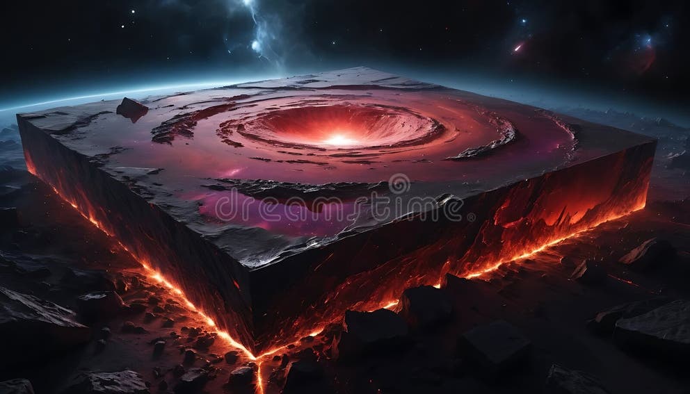 Dramatic Cube Planet Section with Crater and Glowing Energy in Space ...