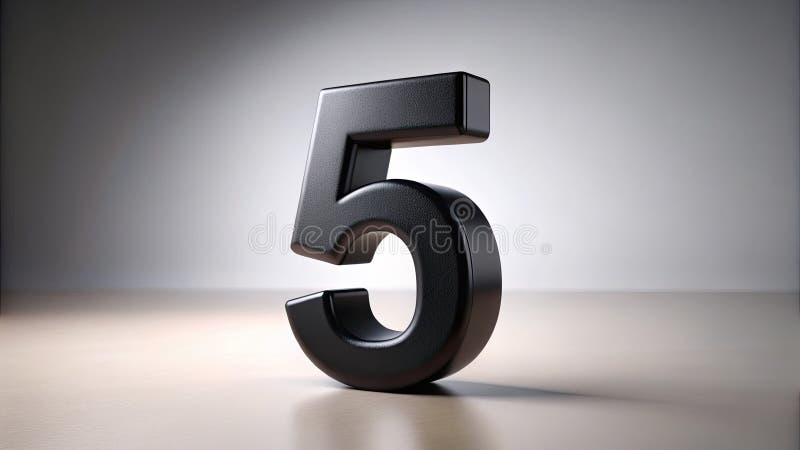 Dramatic 3D Render of a Realistic Black Number Five Against a Pure ...
