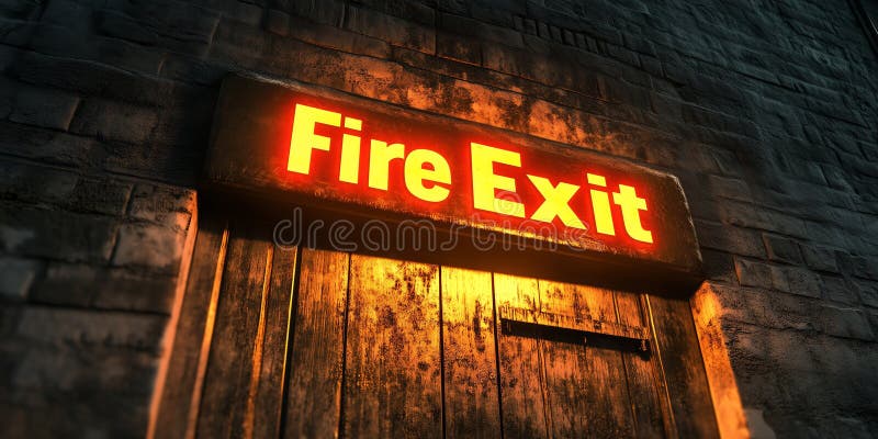 Dramatic 3D-Rendered Fire Exit Sign Glowing Brightly Above a Smoke ...