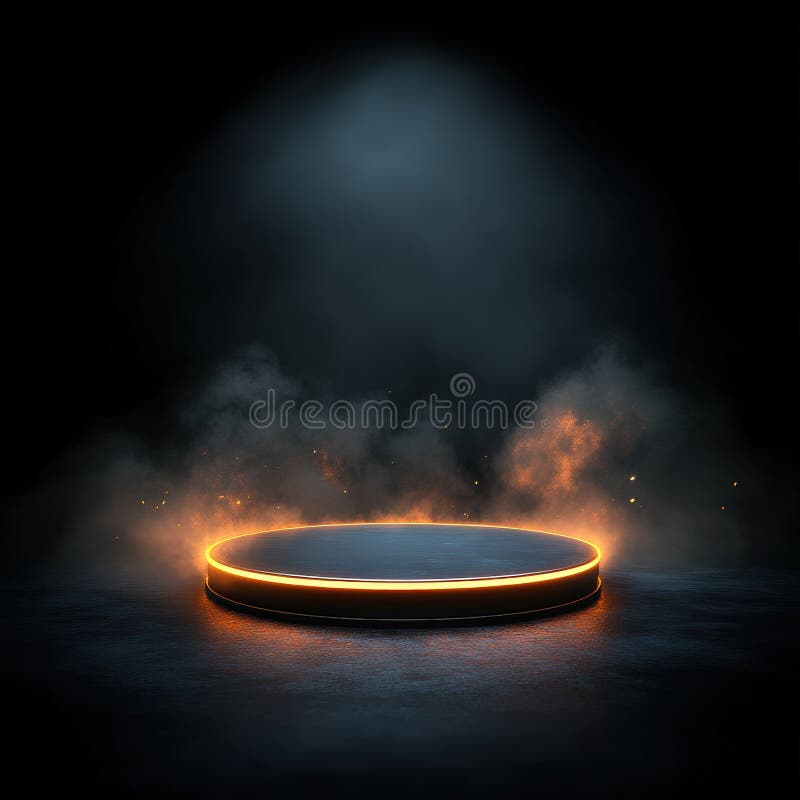 Dramatic Circular Platform with Fire and Smoke on Dark Background ...