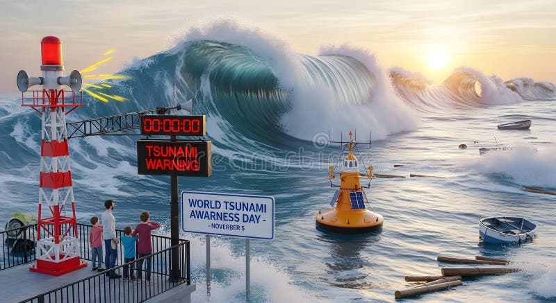 Impending Tsunami: Family Watches Warning System Stock Illustration ...