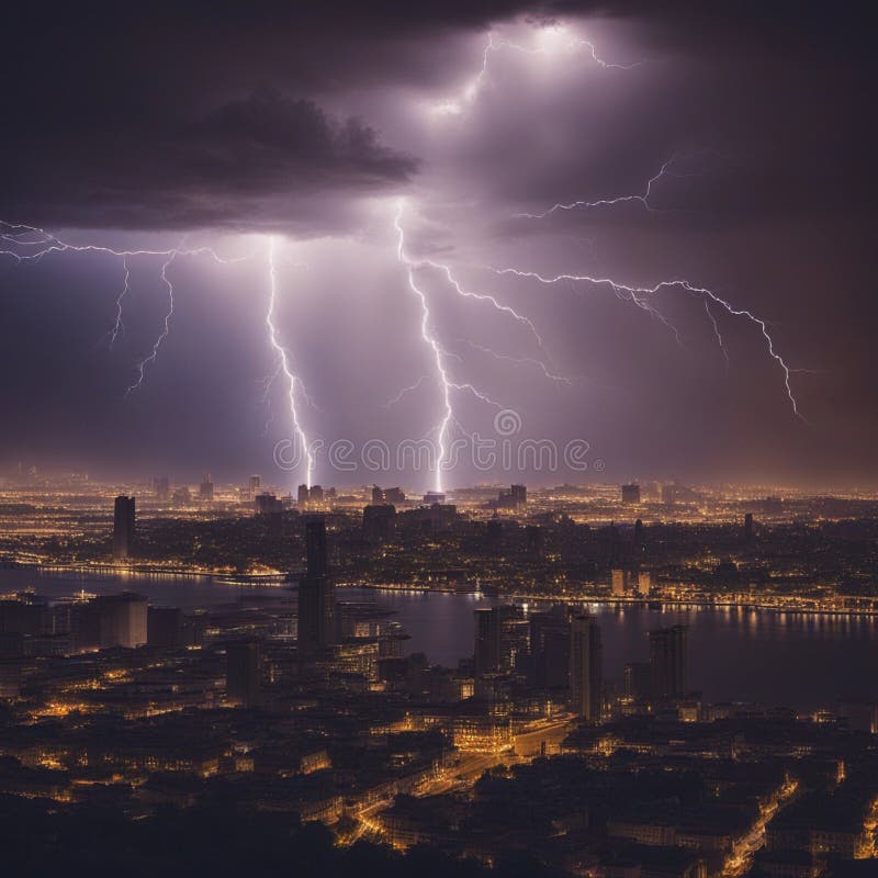Lightning Strike Over City at Night. 3D Rendering. Stock Image - Image ...