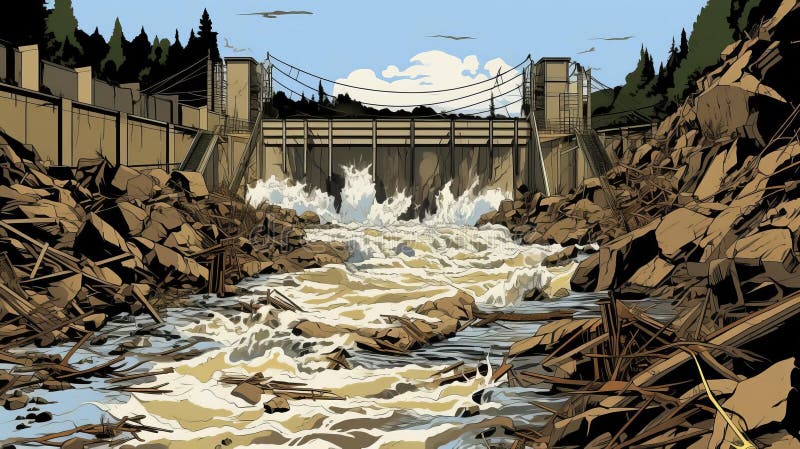 Dramatic Dam Collapse in a Serene Rocky Landscape Stock Illustration ...