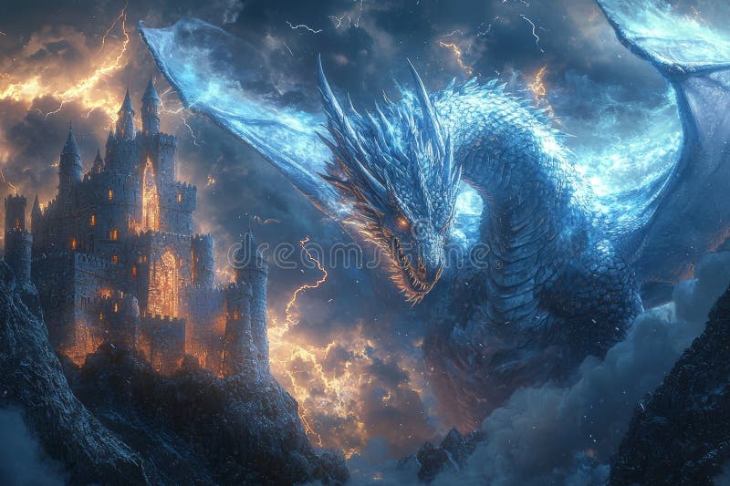 Dramatic Dark Fantasy Artwork of a Castle and a Flying Dragon. Stock ...