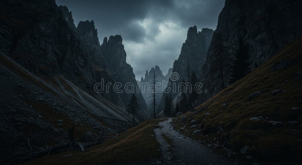 Dramatic Dark Mountain Valley Path Stock Illustration - Illustration of ...