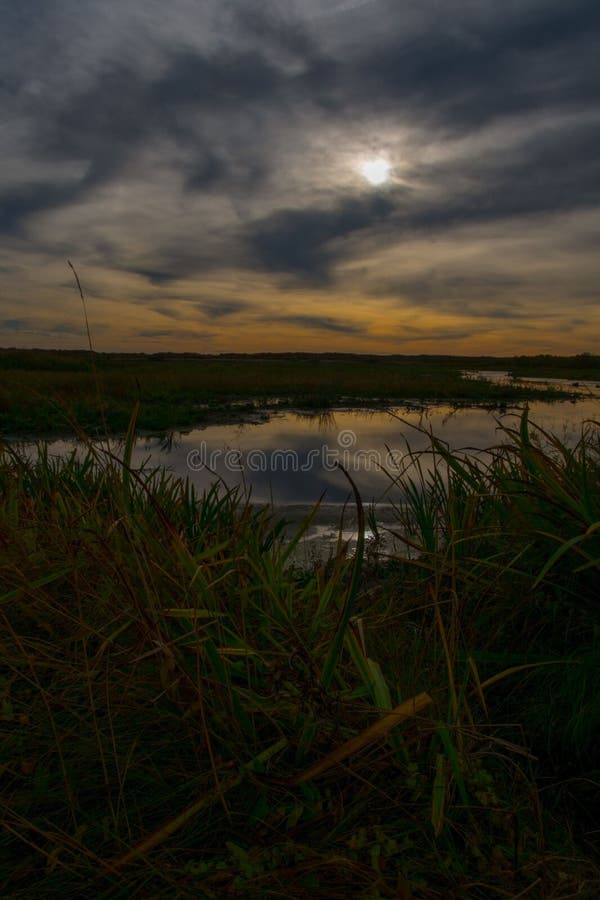 Dramatic Dark Sky with the Glowing Sun Above the Marsh. Stock Image ...