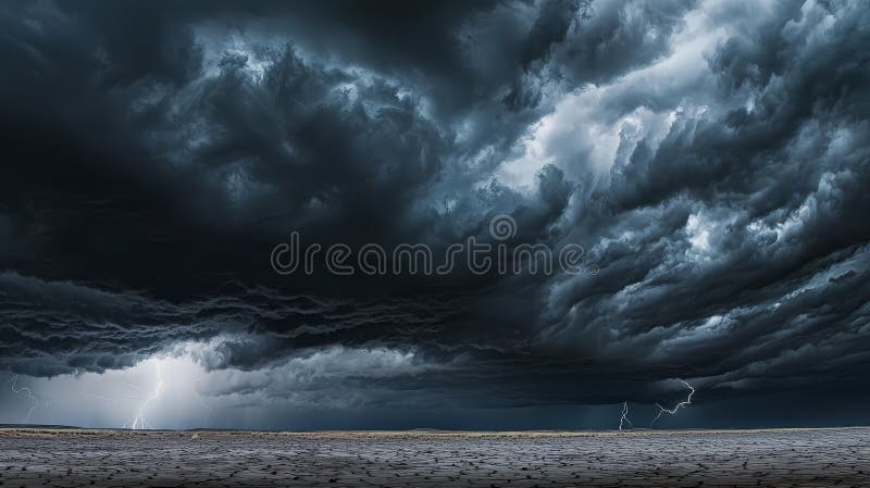 Dramatic Dark Storm Clouds Over Flat Land with Lightning Strikes Stock ...
