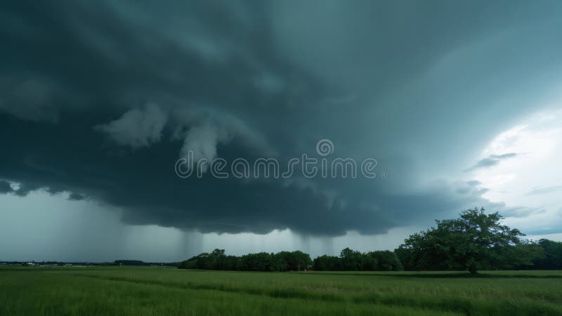 Dramatic Dark Storm Clouds Rolling in Over Green Landscape with Rain ...