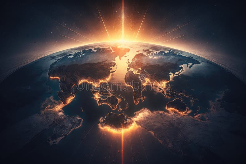 A Dramatic Dawn Over a Global Map, with Rays of Light Illuminating the ...