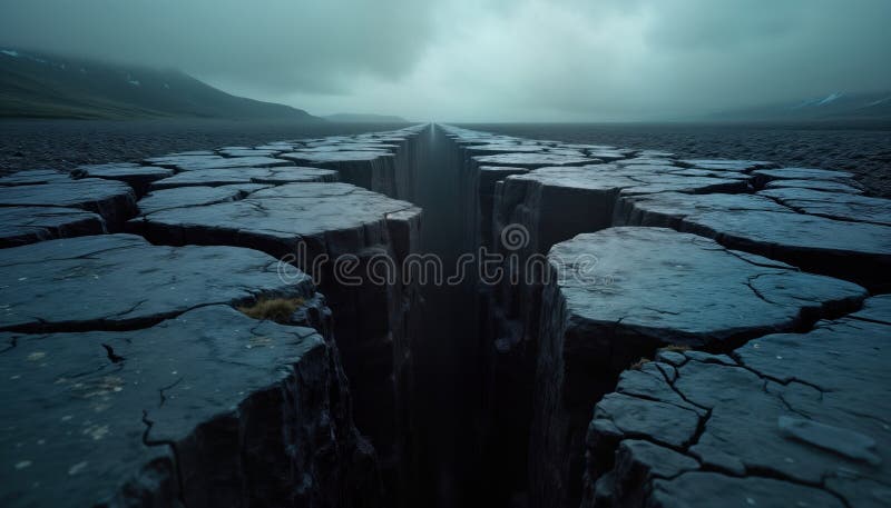 Dramatic Deep Crack Divides Dark Rocky Landscape Under Grey Ominous Sky ...