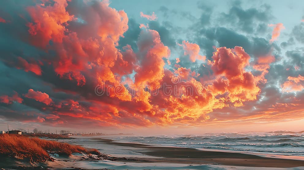 Dramatic Deep Red Sunset Clouds Over Ocean Horizon Stock Illustration - Illustration of coastal ...