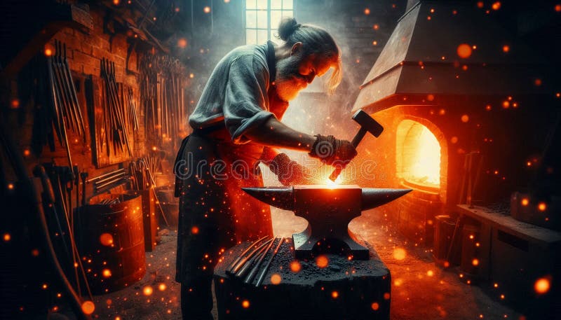 Blacksmith Forging Metal with Sparks Flying in Hyper-Realistic 8K ...
