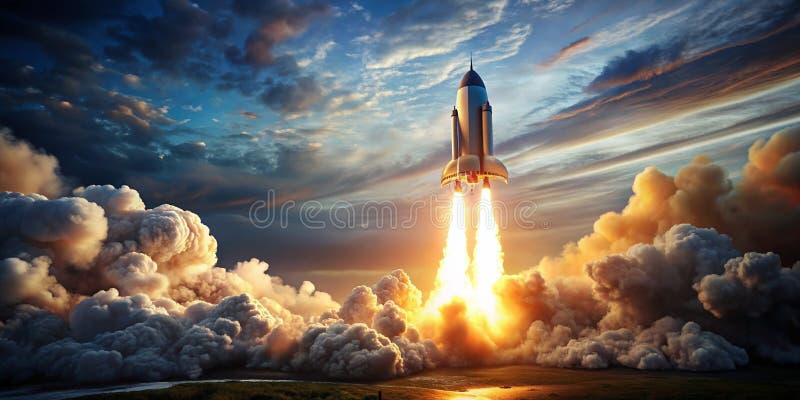 Dramatic Depiction of a Burning Rocket Launching into the Sky ...