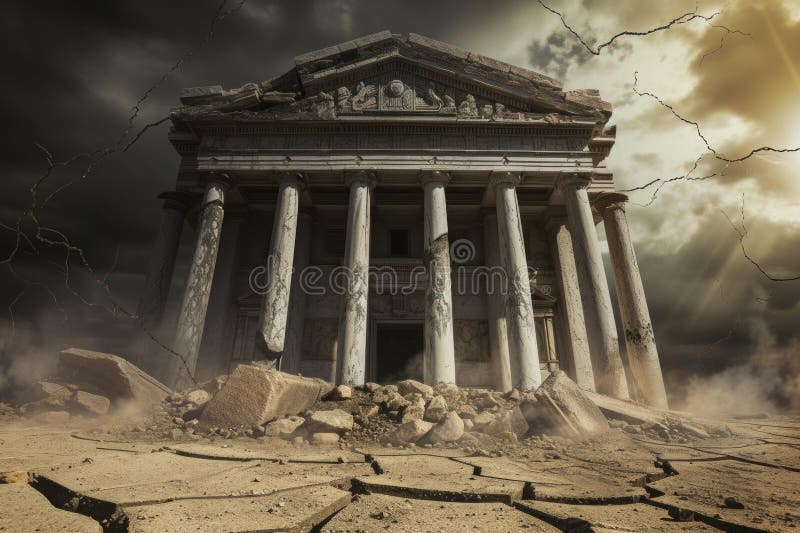 Dramatic Depiction of a Classical Temple in Ruins Under a Stormy Sky ...