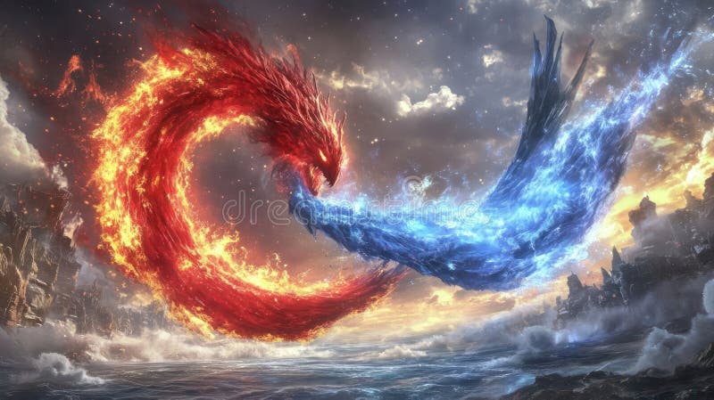 A Dramatic Depiction of a Fiery Red Dragon and a Serene Blue Dragon ...
