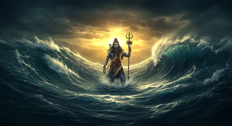 Lord Shiva Commanding the Ocean Waves, Generative Ai Stock Illustration ...