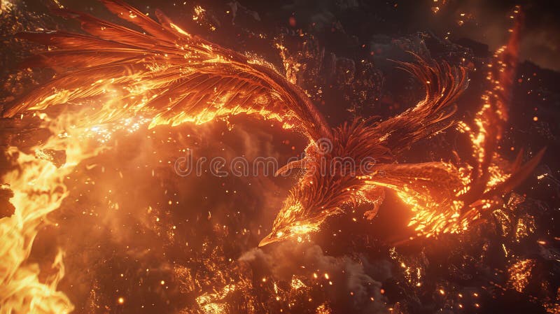Dramatic Depiction of a Phoenix in Flight Surrounded by Intense Flames ...