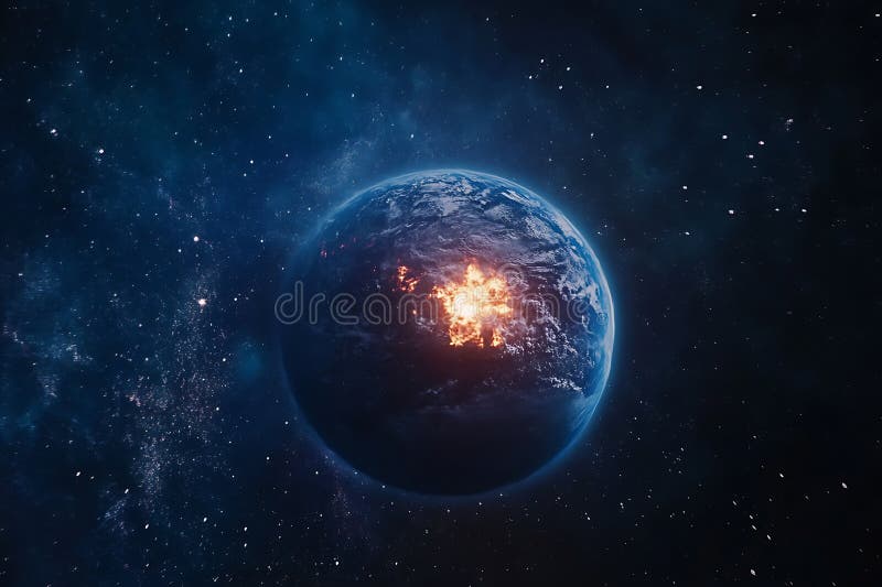 Fiery Planet Earth Impact Space, Cosmic Explosion, Disaster Scene Stock ...