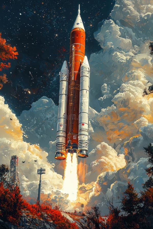 Dramatic Depiction of a Powerful Rocket Launch into the Night Sky Stock ...