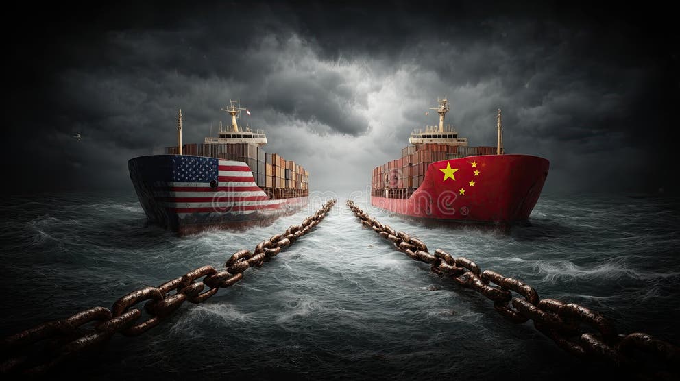 Dramatic Depiction of Trade Conflict between Two Nations, Symbolized by ...