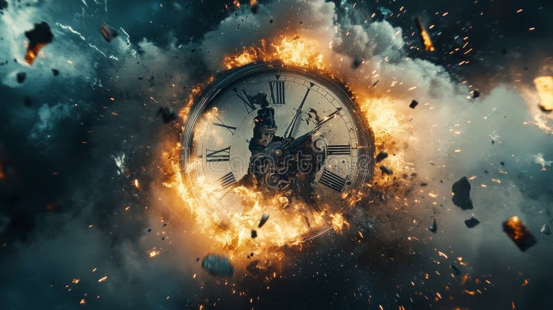 Vintage Clock Explosion with Flying Debris and Fire Stock Photo - Image ...