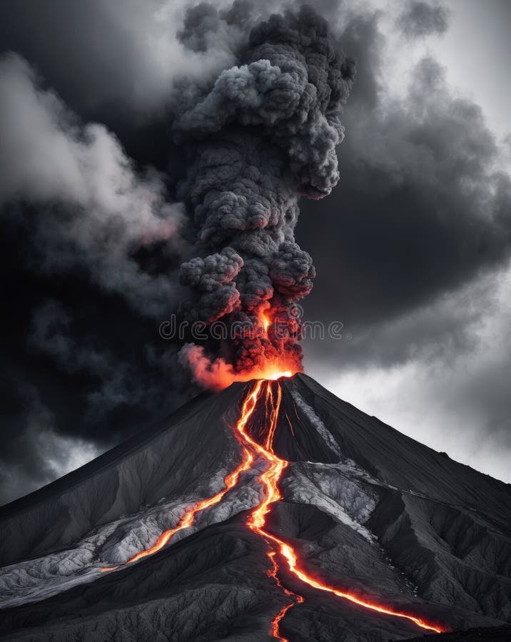 A Dramatic Depiction of a Volcano Erupting with Fiery Lava Flows Stock ...
