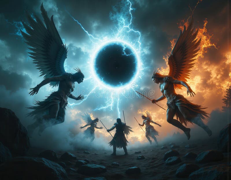 Dramatic Depiction of Winged Figures Surrounding a Dark Vortex with ...