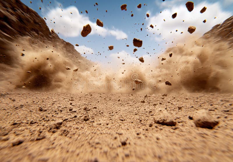 Dramatic Desert Explosion with Flying Rocks and Dust Stock Illustration ...